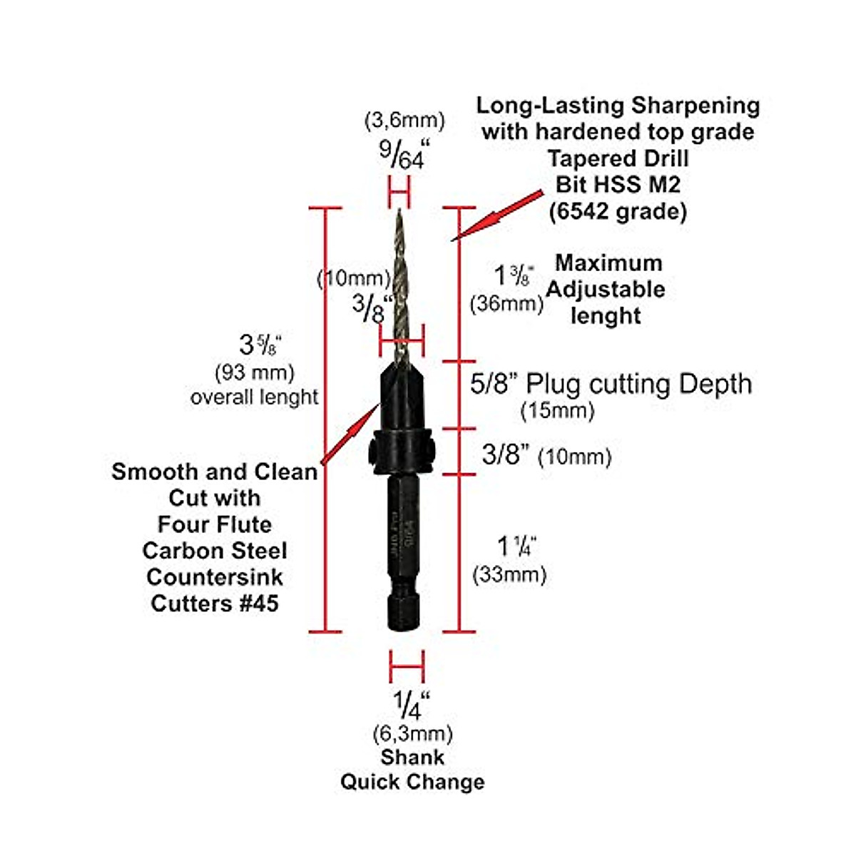 JNB Pro Wood Countersink Drill Bit Set,3 Pc Adjustable Countersink Bit #6(9/64"),All Same Size,1 Extra 9/64" Tapered Drill Bit, 1 Adjust. Collar,1/4" Quick Change Shank,Countersink (#6(9/64))