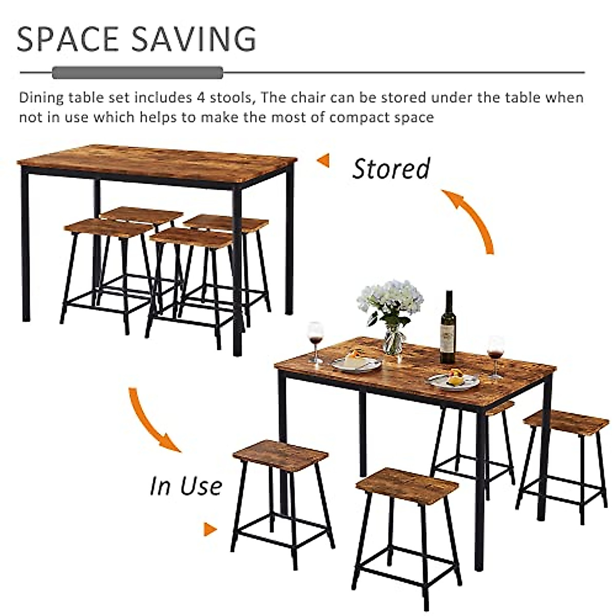 VECELO 5 Piece Dining Table Set for 4-6 Persons Rectangular Bar Dinette Metal and Wood Kitchen Furniture with 4 Stools for Breakfast Nook, Restaurant, Living Room, Space Saving, Industrial Brown