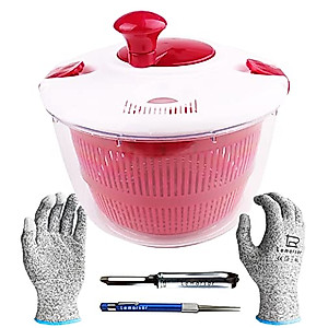 Lemarsar's Large Salad SPINNER BUNDLED with PEELER, SHARPENER and Uncut GLOVES - the Ultimate Tool for Crispy Lettuce, Perfectly washed Vegetables and Fruits - 4 ITEMS