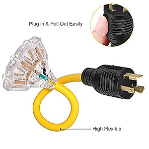Rophor 30 Amp to 110 Adapter Generator Power Cord, 3 Prong 30 Amp to 15 Amp Generator Adapter, Nema L5-30P Male to 3X 5-20R Female with Lighted End, 1.5 FT