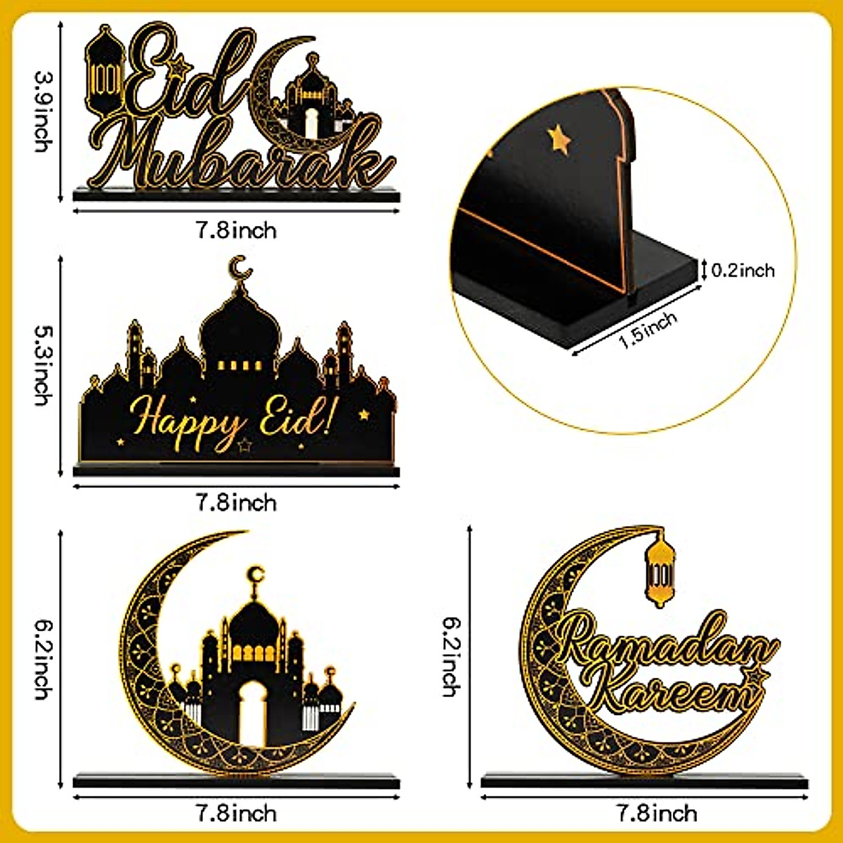 WATINC 4pcs Ramadan Kareem Wooden Table Topper Centerpiece Decorations, Happy Eid Mubarak Party Wood Tiered Tray Signs Table Decor, Al-Fitr Black Gold Detachable Tabletop Supplies for Home Kitchen