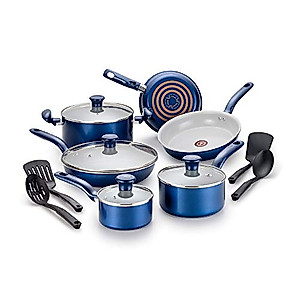 T-fal Initiatives Ceramic Nonstick Cookware Set 14 Piece Pots and Pans Blue