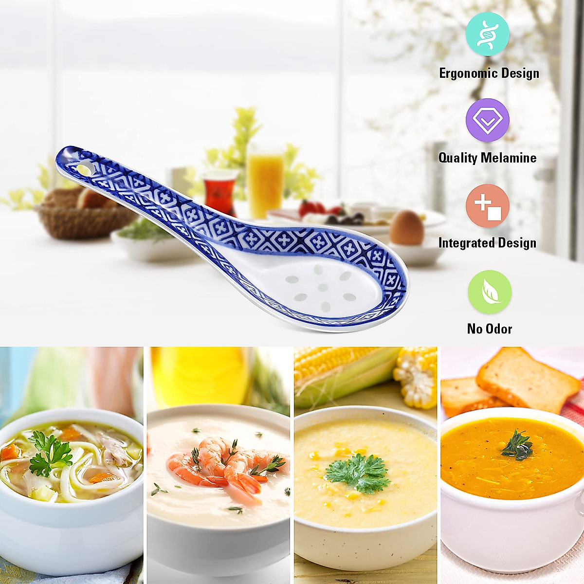 Patelai 10 Pieces Ceramic Soup Spoons Asian Soup Spoons Chinese Style Blue and White Porcelain Soup Spoons Reusable Table Spoons Dinner Spoons for Ramen Pho Wonton Dumpling