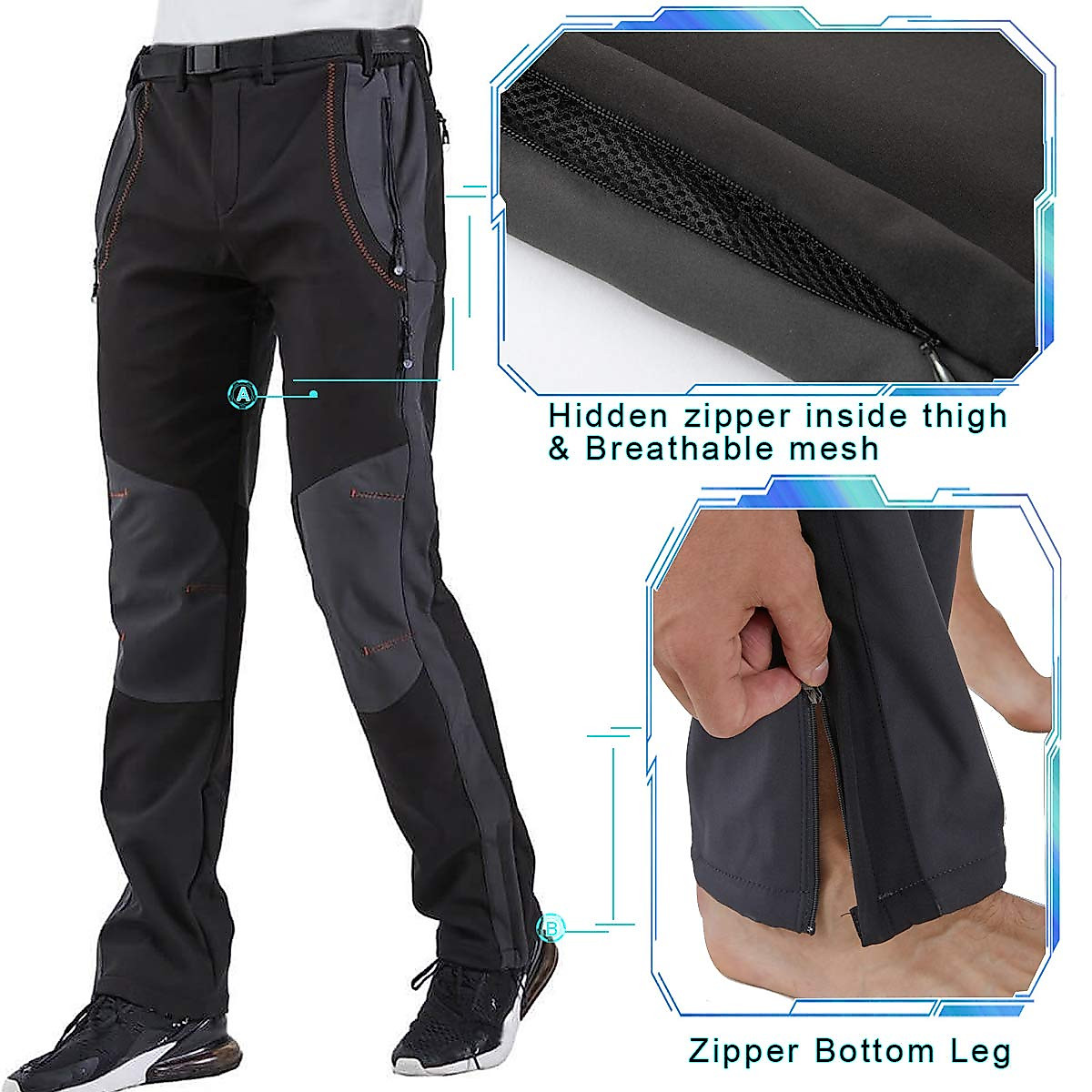 Gash Hao Men's Ski Snow Pants Waterproof Hiking Snowboard Pants Breathable Fleece Lined Zipper Bottom Leg (Black 34W X 32L)