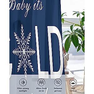 Christmas Sheer Curtains for Bedroom Living Room Sliding Door Curtains 36 inches Long, Voile Kitchen Curtain with Grommet Privacy Window Drape, 1 Panel Cold Winter Snowflakes Blue Backdrop