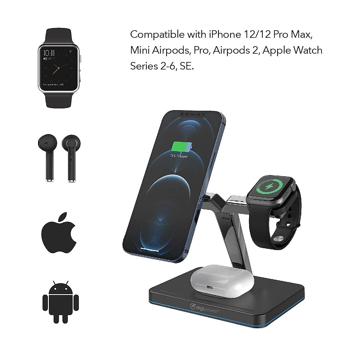 Digipower Wireless Charger - 3 in 1 Magnetic Charging Station - Fast Wireless Charger Stand for iPhone 14/13/12/Pro/Max, for Apple Watch 7/6/5/4/3/2/SE, AirPods 3/2/Pro