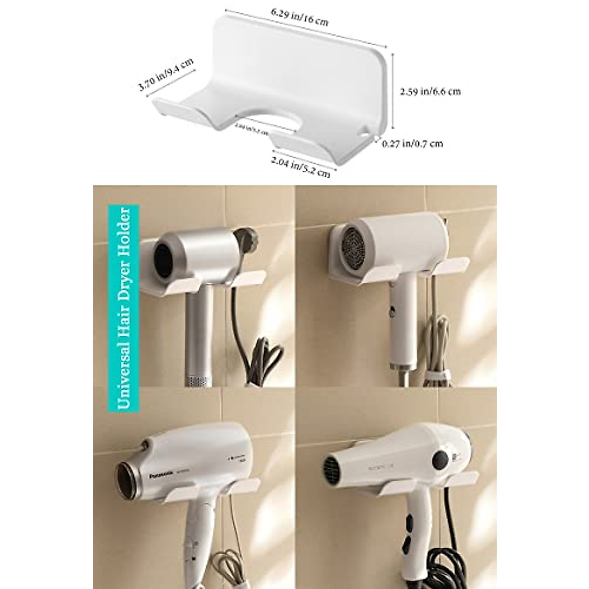 HOMEGYMFREE Adhesive Hair Dryer Holder, Wall Mount Bathroom Hair Blow Dryer Rack, Sticke on Wall Hair Dryer Organizer( White)