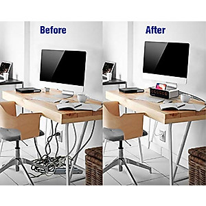 Kantek Cable Management Power HUB and Stand with USB Charging Ports, 5 OUTLETS, 3 USB, 6.5 FT Cord, White