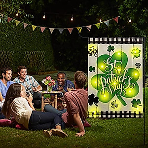 St Patricks Day Lighted Garden Flag 12x18 Double Sided Buffalo Check Plaid Durable Burlap Shamrock Garden Flag with Led Lights for Lawn Party St Patricks Day Outdoor Decorations (Style 1)