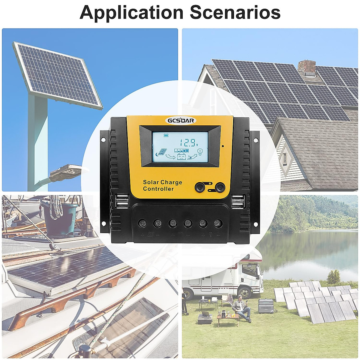 GCSOAR 60A Solar Charge Controller 12V 24V 36V 48V, Max PV 100VDC, Backlit Display, Solar Panels Off-Gird, Quattro USB Intelligent PWM Regulator for LFP, AGM, SLD, FLA BAT (60A)