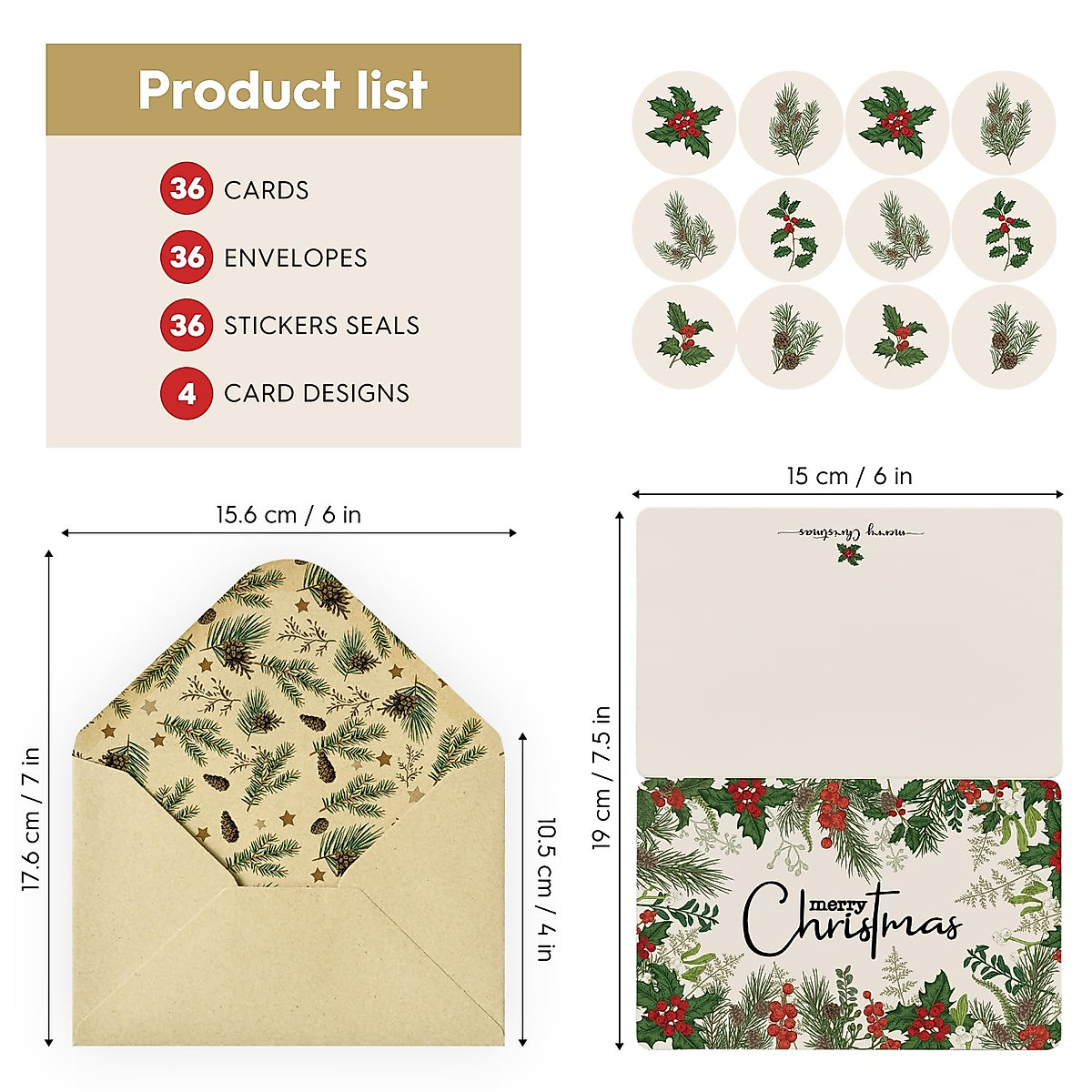 Artoid Mode 36 Pack Merry Christmas Thank You Cards Plant Holly Greeting Cards Gift With Envelope Sticker Blank Note Cards for Birthday Wedding Baby Shower Bridal Shower, 4 x 6 Inch
