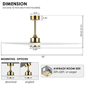 WINGBO 60 Inch DC Ceiling Fan with Lights and Remote Control, 3 Reversible Carved Wood Blades, 6-Speed Noiseless DC Motor, Modern Ceiling Fan in Brass Finish with White Blades