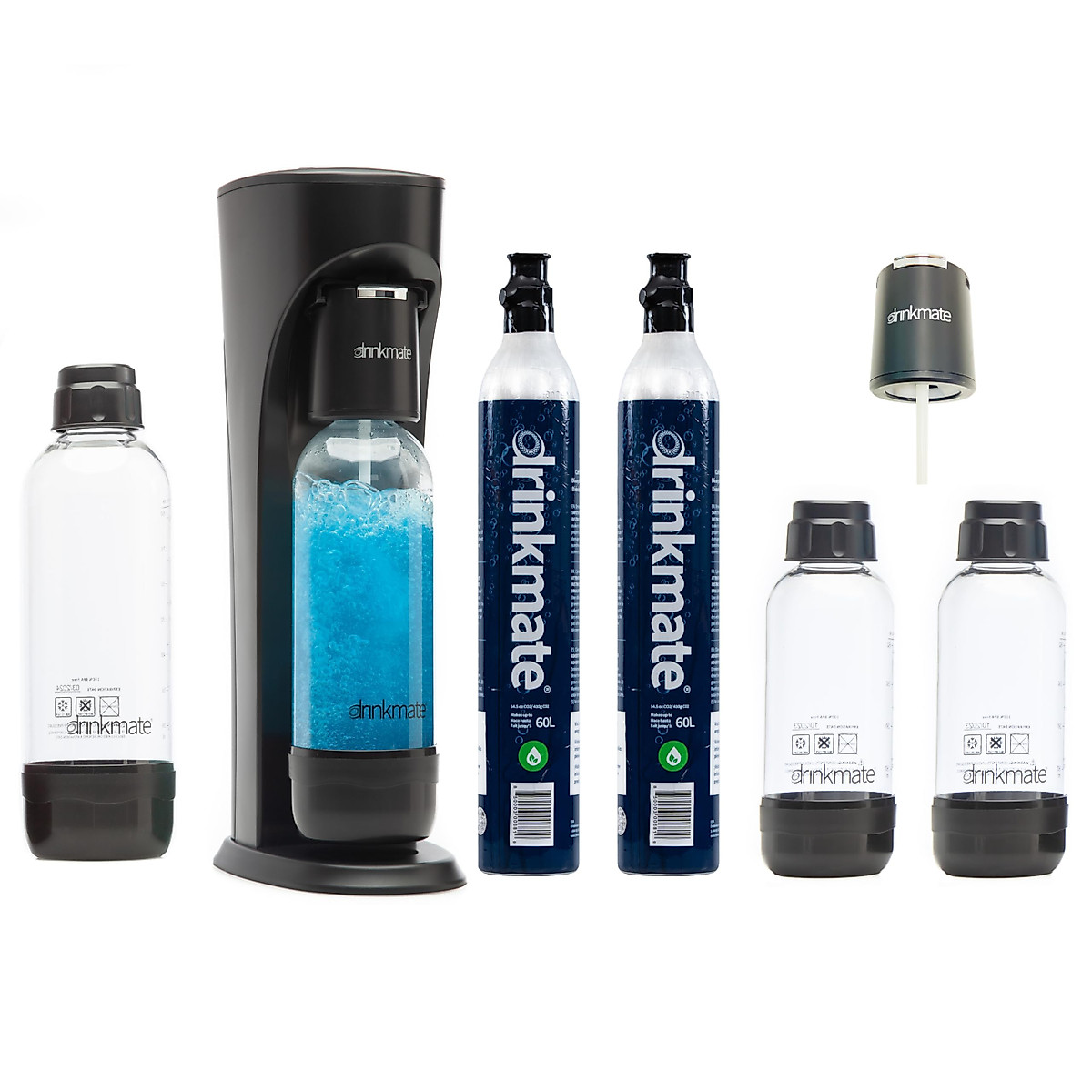 Drinkmate OmniFizz Sparkling Water and Soda Maker, Carbonates Any Drink, PARTY PACK - Includes two 60L CO2 Cylinders, three Carbonation Bottles, and two Fizz Infusers (Matte Black)