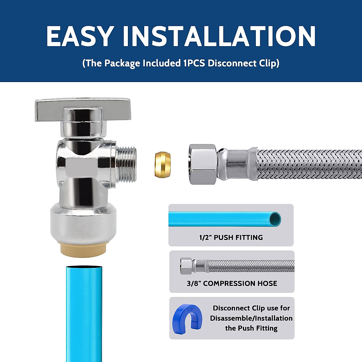 PURAGEIR 10 Pack Pushfit Angle Stop Faucet Valve, 1/2" Push-Fit x 3/8" Comp, Quarter Turn 1/2" Nom x 3/8" Compression Shut Off Water Valve, Pex, Copper,Cpvc,Brass