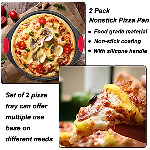 VDGPWA 12 Inch Non-Stick Pizza Tray-With Silicone Handle,Carbon Steel Without Hole and With Hole Pizza Tray,Round Pizza Bakeware Crisper Pan for Home Baking,Kitchen,Restaurant Oven (2 Pack)