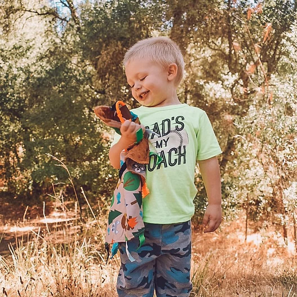 Baby Sensory, Security & Teething Closed Ribbon Tag Lovey Blanket with Minky Dot Fabric: 14”X18” (Forest)