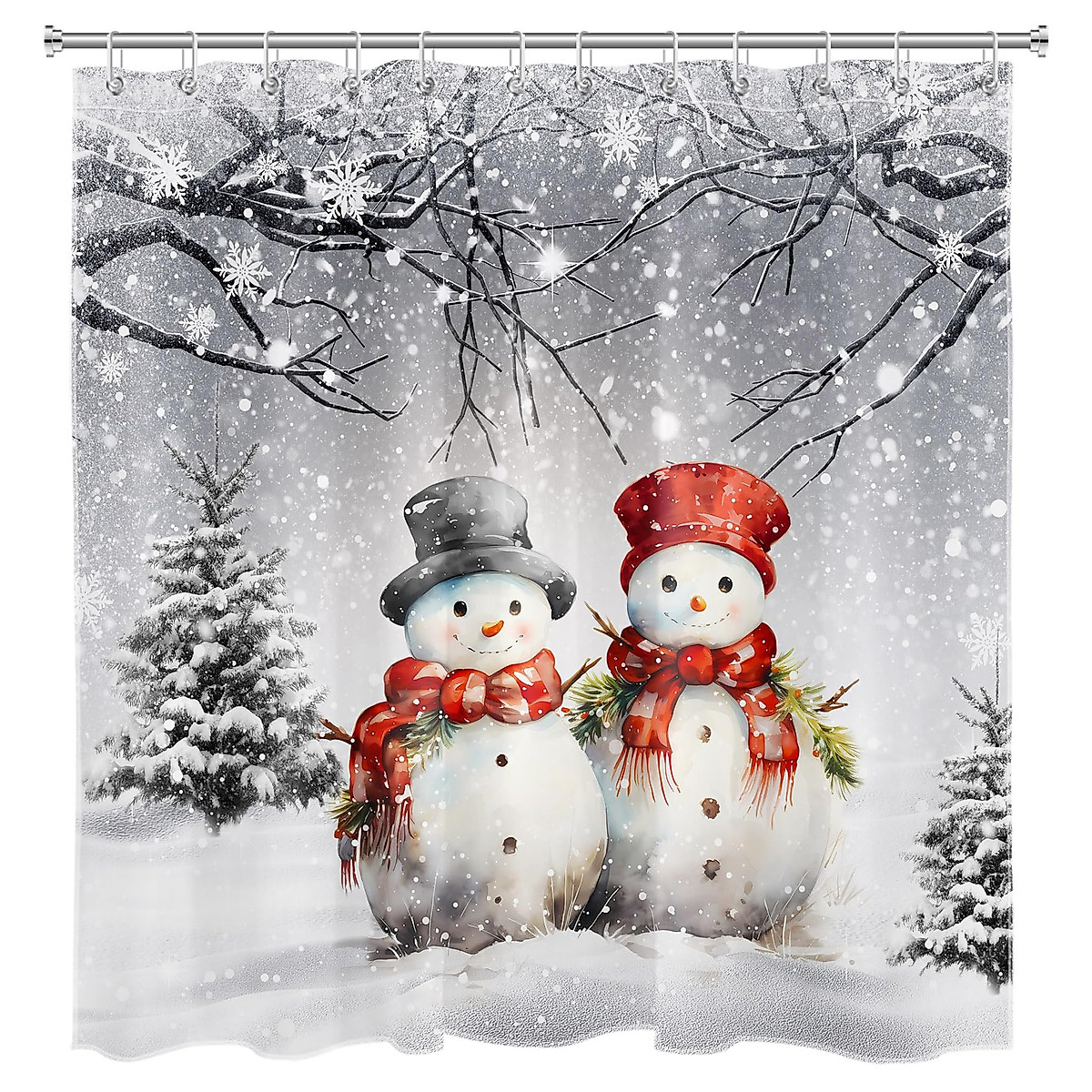 LB Christmas Snowman Shower Curtain Winter Scene Cute Snowman with Pine Tree Covered Snow Bathroom Shower Curtain Snowflake Bathroom Decor with Hooks 72Lx72W Inch Waterproof Polyester Bath Curtain