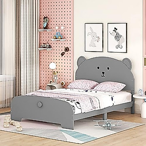 Quarte Cute Full Size Platform Bed with Bear-Shaped Headboard and Footboard, Wooden Bed Frame for Bedroom,No Box Spring Required (Gray/Bear*W)