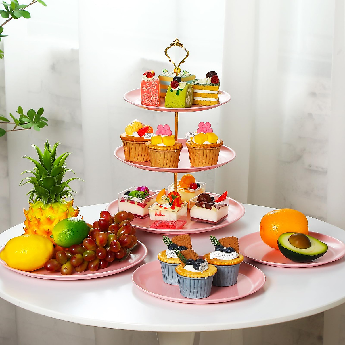 Set of 2 Cupcake Display Stands 3 Tier Serving Tray Platters Stainless Steel Cup Cake Tower for Birthday Party Wedding Cakes Dessert Cookie Candy (Pink)