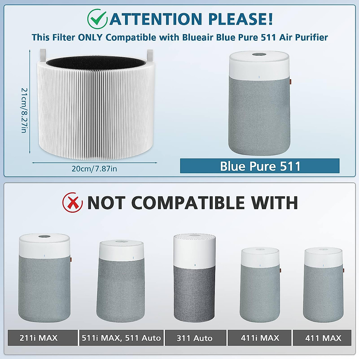 2-pack 511 Replacement Filter, Compatible with Blue Air Blue Pure 511 Air Purifier, True H13 HEPA Filters, and Activated Carbon Filter