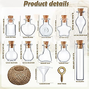 100 Pieces Small Mini Glass Bottles Jars with Cork Stopper Set Tiny Empty Refillable Wishing Bottles Drifting Bottles with Eye Screws Funnels and Rope for DIY Crafts Bead Containers, 10 Shapes