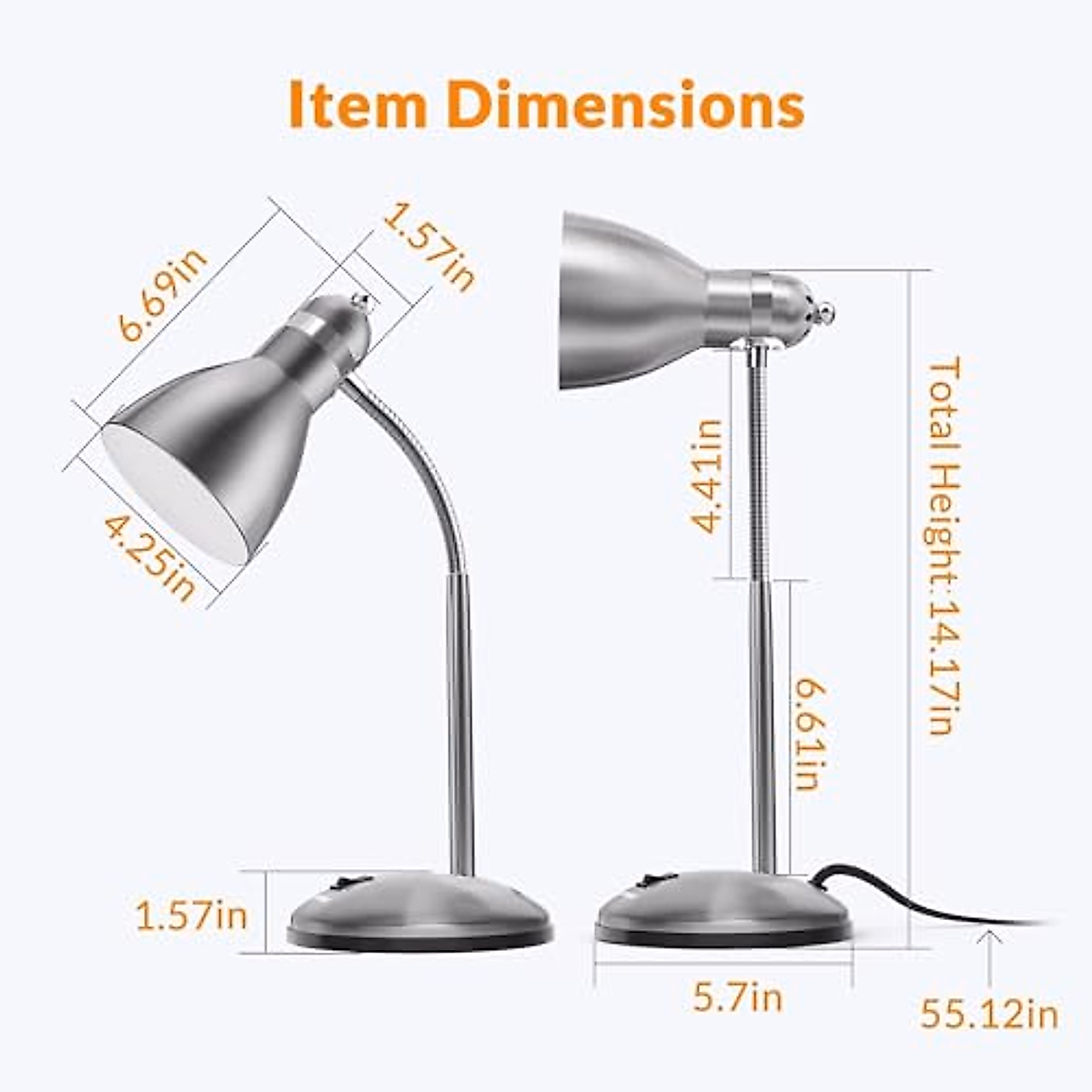 LEPOWER Metal Desk Lamp, Adjustable Goose Neck Table Lamp, Eye-Caring Study Desk Lamps for Bedroom, Study Room and Office (Silver)