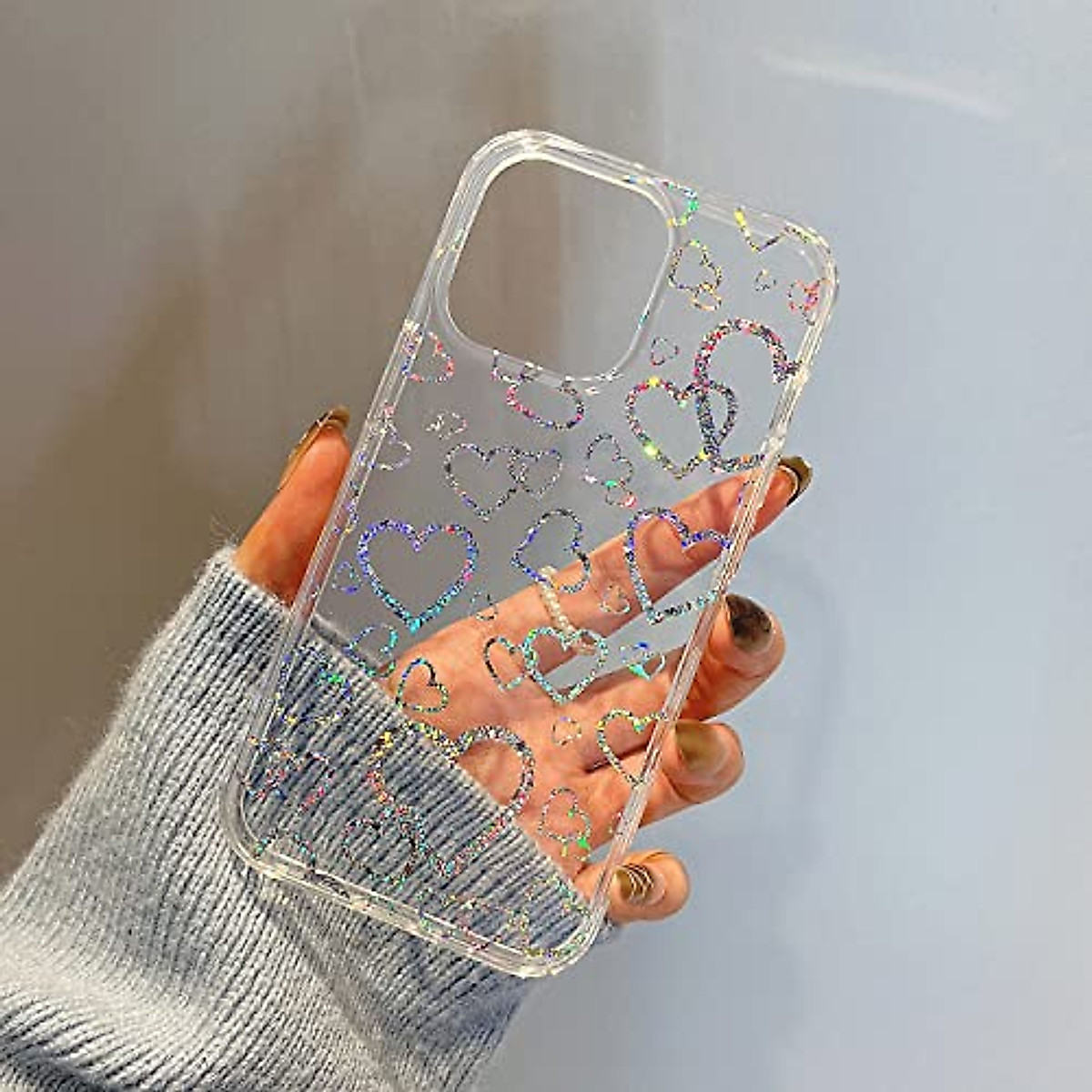 LSEEKA Compatible with iPhone 13 Pro Max Clear Case with Love Heart Laser Glitter Holographic Design,Sparkly Bling Cute Hard PC & Soft TPU Bumper Shockproof Protective Phone Cover for Women Girls