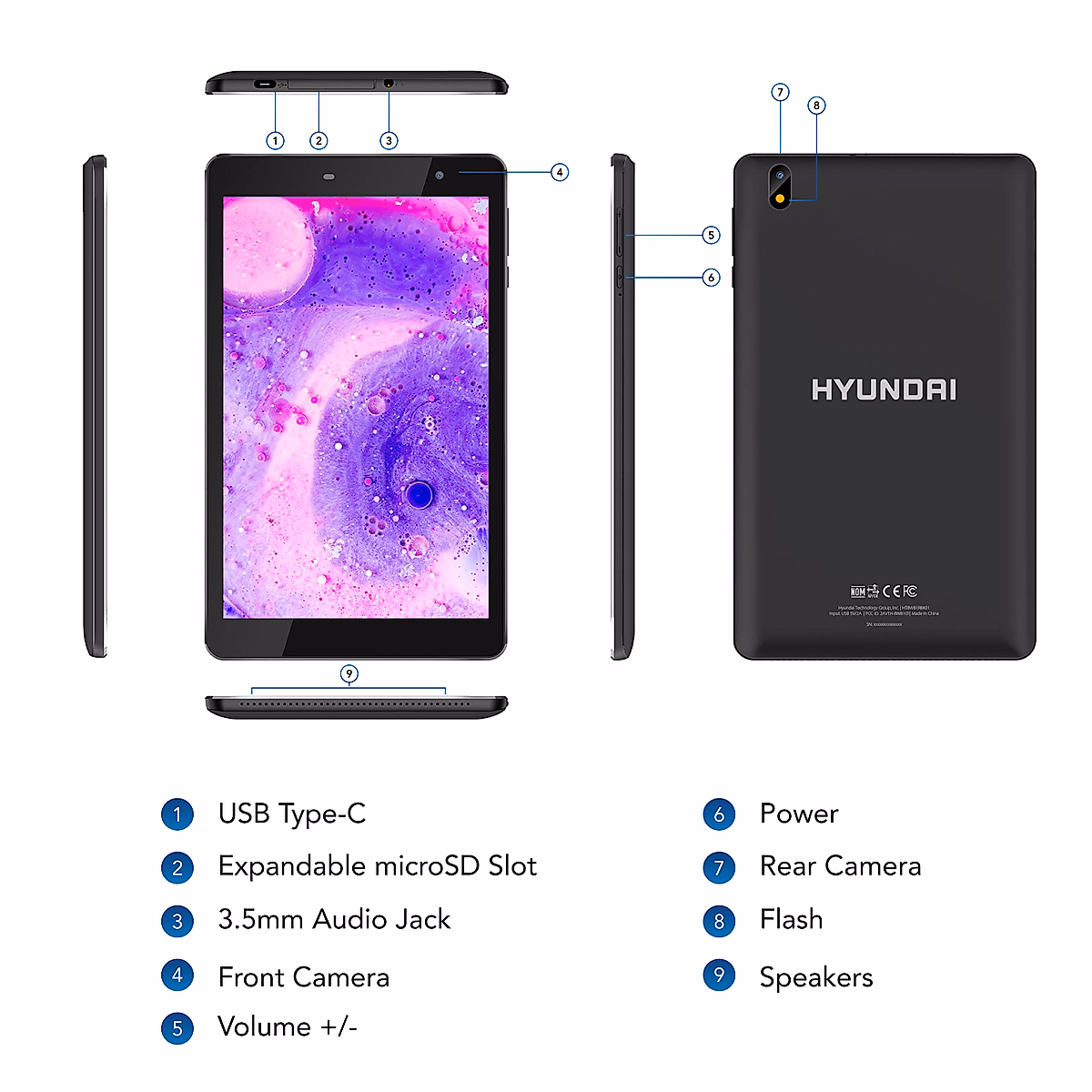 HYUNDAI HYtab Pro 8WB1 8 inch Android Tablet - Full HD Screen with Quad-Core Processor, 3GB RAM 32GB Storage, Android 11, 2MP/5MP, AX WiFi, Bluetooth, Black