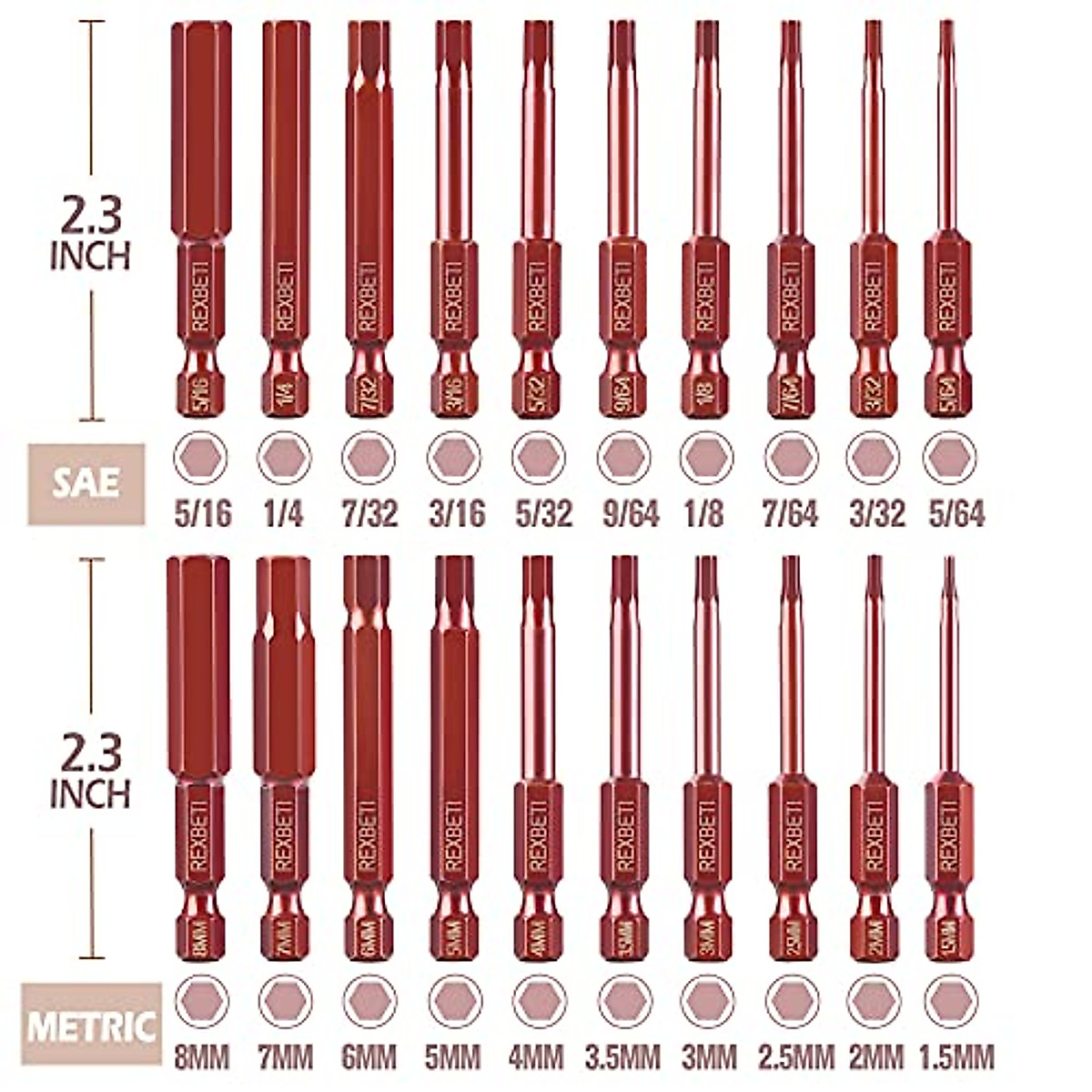 REXBETI 20 Piece Hex Head Allen Wrench Screwdriver Bit Set, Bronze SAE Metric 1/4 Inch Hex Shank S2 Steel Magnetic 2.3 Inch Long Drill Bits with Storage Box