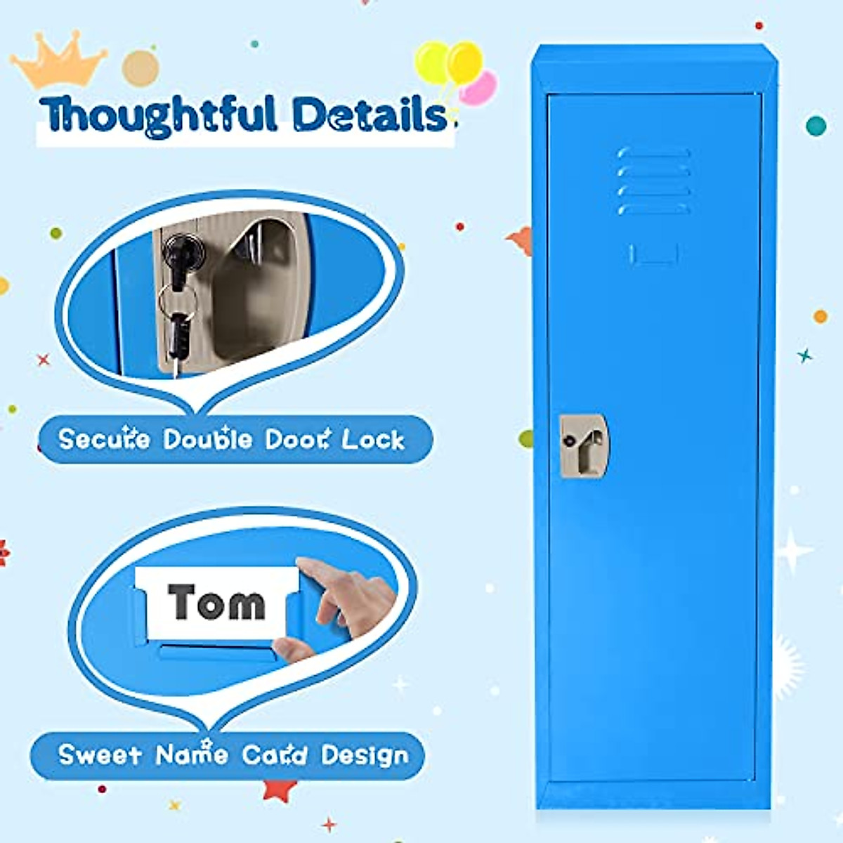 Costzon 48" Kids Locker Cabinet, Daycare Metal Coat Locker w/Hanging Rod & Shelf for Kids Room Bedroom School Classroom, 2-Tier Storage Locker w/ 2 Keys for Toys, Clothes, Sports Gear, Blue