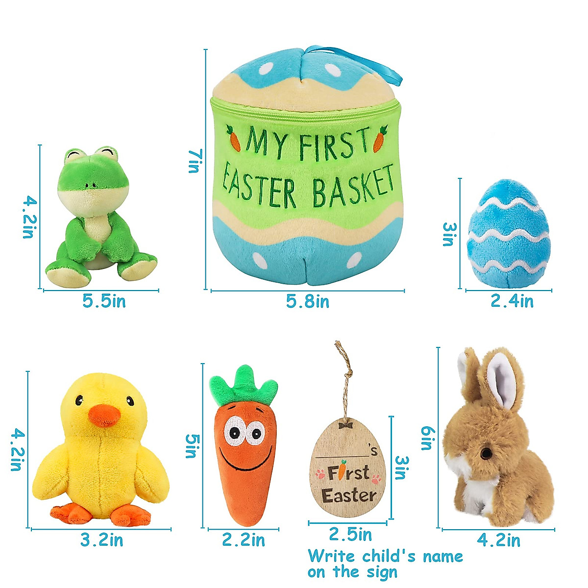 Bunny Chorus Baby's First Easter Basket Playset 6ct, Egg-shaped Basket with Embroidered 'Baby's First Easter', Stuffed Plush Bunny Chick Carrot Frog Egg for Kids Baby Girls Boys, Easter Stuffers Gifts
