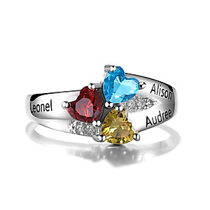 LanM Mothers Ring with 3 Birthstones Personalized Sterling Silver Rings for Women Custom Mom Rings with 3 Name Mothers Day Ring for Mom Grandmother Wife