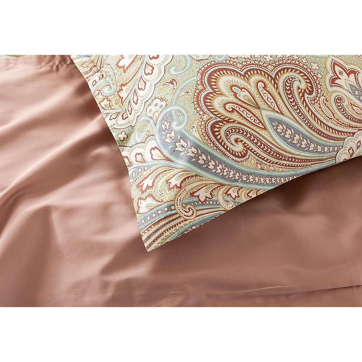 Eikei Boho Paisley Print Luxury Duvet Quilt Cover and Shams 3pc Bedding Set Bohemian Damask Medallion 350TC Egyptian Cotton Sateen (Rust, Queen)