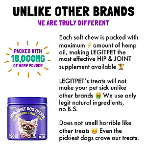 LEGITPET Hemp Hip & Joint Supplement for Dogs Soft Chews Made in USA Functional Glucosamine for Dogs Chondroitin MSM Turmeric Hemp Seed Oil Natural Pain Relief Mobility Advanced Joint 120 Treats