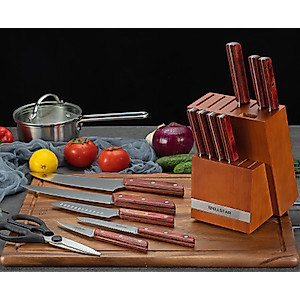 14 Slot Kitchen Knives Block, WELLSTAR Natural Wood Knife Holder without Knives – Hard Wood Countertop Knife Storage – Brown