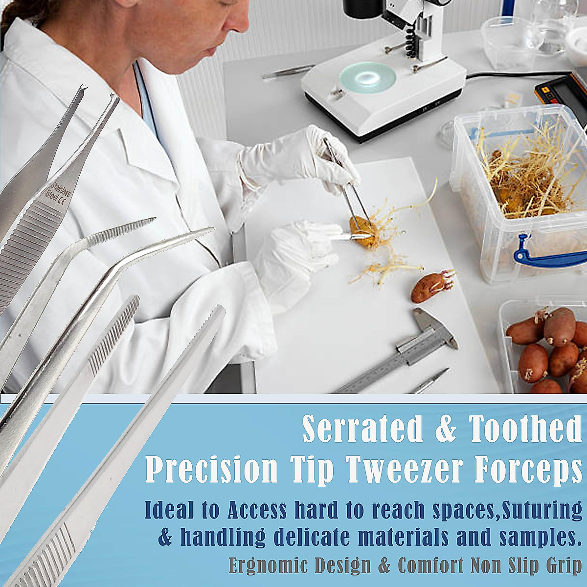 A2Z Scilab 11 Pcs Lab Micro Spatula Scoop Spoon Tweezers Sampler Instrument Kit, Made of Stainless Steel - Multi Purpose Laboratory Sampling Mixing Glass Pipette Set - For Starter Science STEM Lab Kit