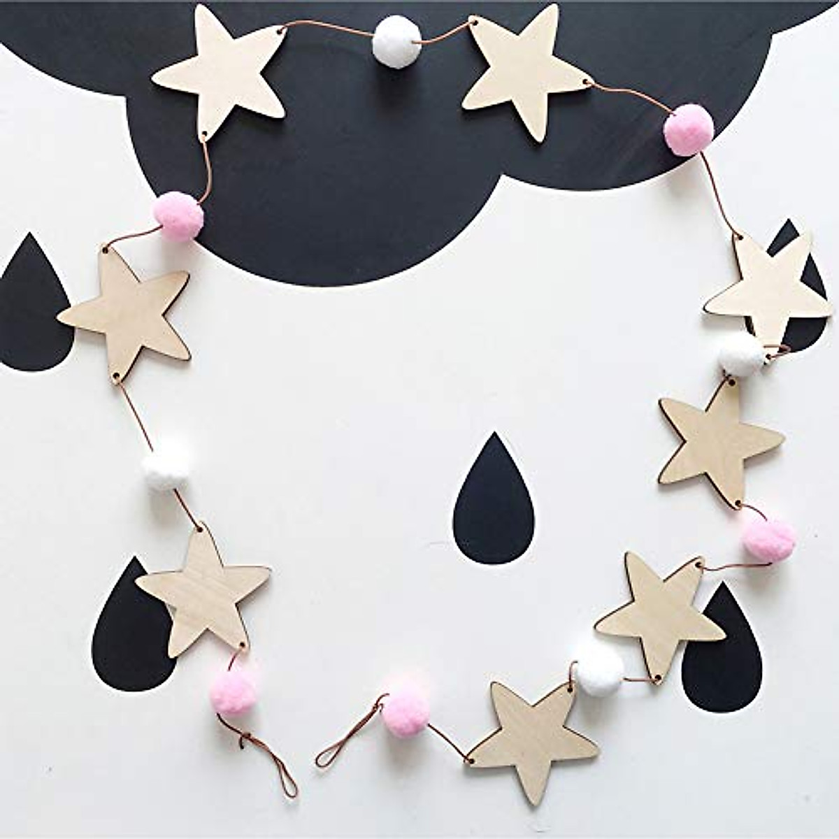 wsloftyGYd Nordic Household Wooden Star Fluffy Ball Hanging Ornament Kids Girl Room Decor Rose Red+White