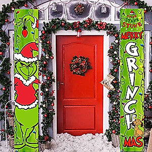 Grinch Christmas Decorations Grinch Porch Sign Door Banner Merry Grinchmas Theme Photography Yard Sign Banner Supplies For Home Office Fireplace Christmas New Year Party Decorations