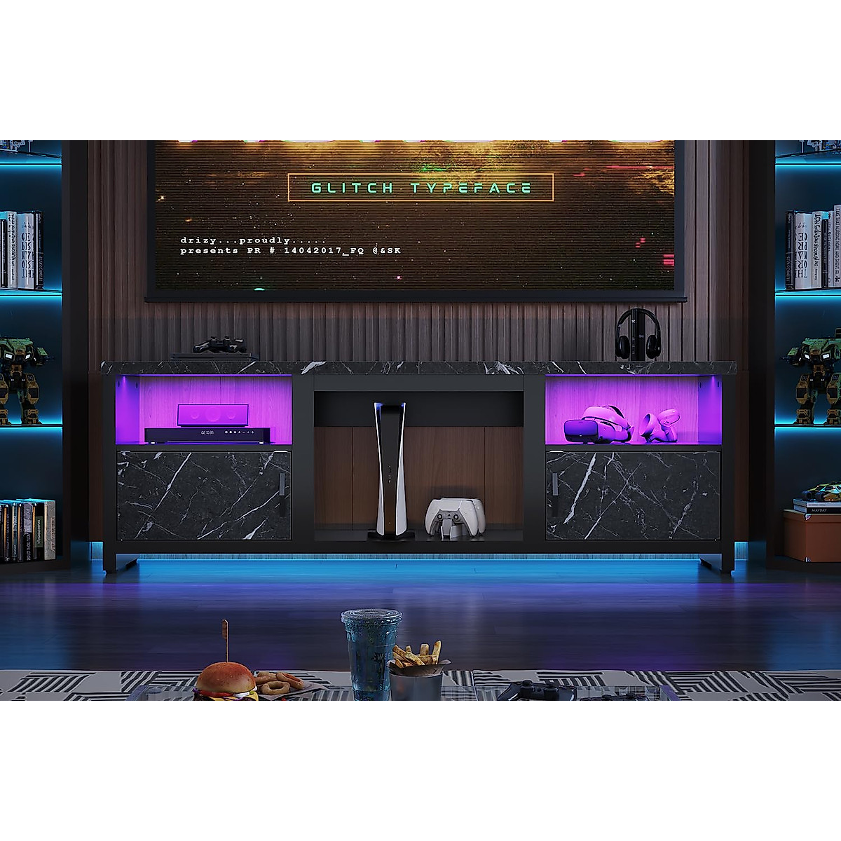 Bestier 70 Inch TV Stand with LED Lights for 80 Inch TV, Black Marble Entertainment Center with Storage Cabinets for Living Room Bedroom, Large TV Console Table with Adjustable Shelf, Easy Assembly