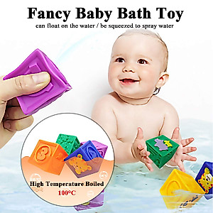 Kingtree Baby Blocks, 9PCS Soft Squeeze Building Blocks Stacking Toys for 6+ Months Babies, Baby Teething Chewing Educational Blocks Set with Numbers Animals Shapes Textures