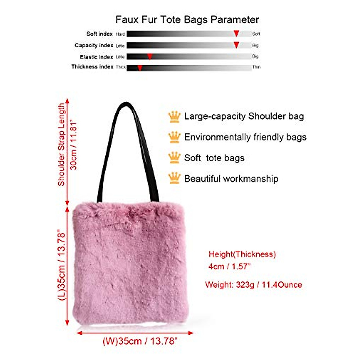 FHQHTH Faux Fur Tote Bag Fluffy Shoulder Bags for Women Fuzzy Handbag Evening Bags Big Capacity [Dark Pink, Magnet]