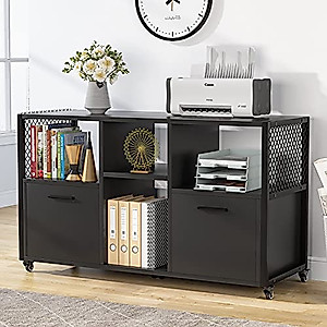 Tribesigns 2 Drawer Wood File Cabinets, Modern Mobile Lateral Filing Cabinet for Letter/ A4 Size, Printer Stand with Open Storage Shelves and Drawer for Home Office, Black