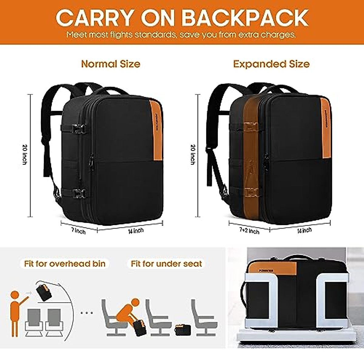 POWAITER Travel Backpack for Women Men, Carry On Backpack Flight Approved Fits 17 Inch Laptop with 4 Packing Cubes for Travel & Business Trip-Black