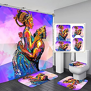 African American Woman Shower Curtains for Bathroom, 4PCS Bathroom Sets Include 1 Fabric Shower Curtain, 2 Non-Slip Bathroom Rugs and 1 Toilet Lid Cover, Black Girl Bathroom Decor