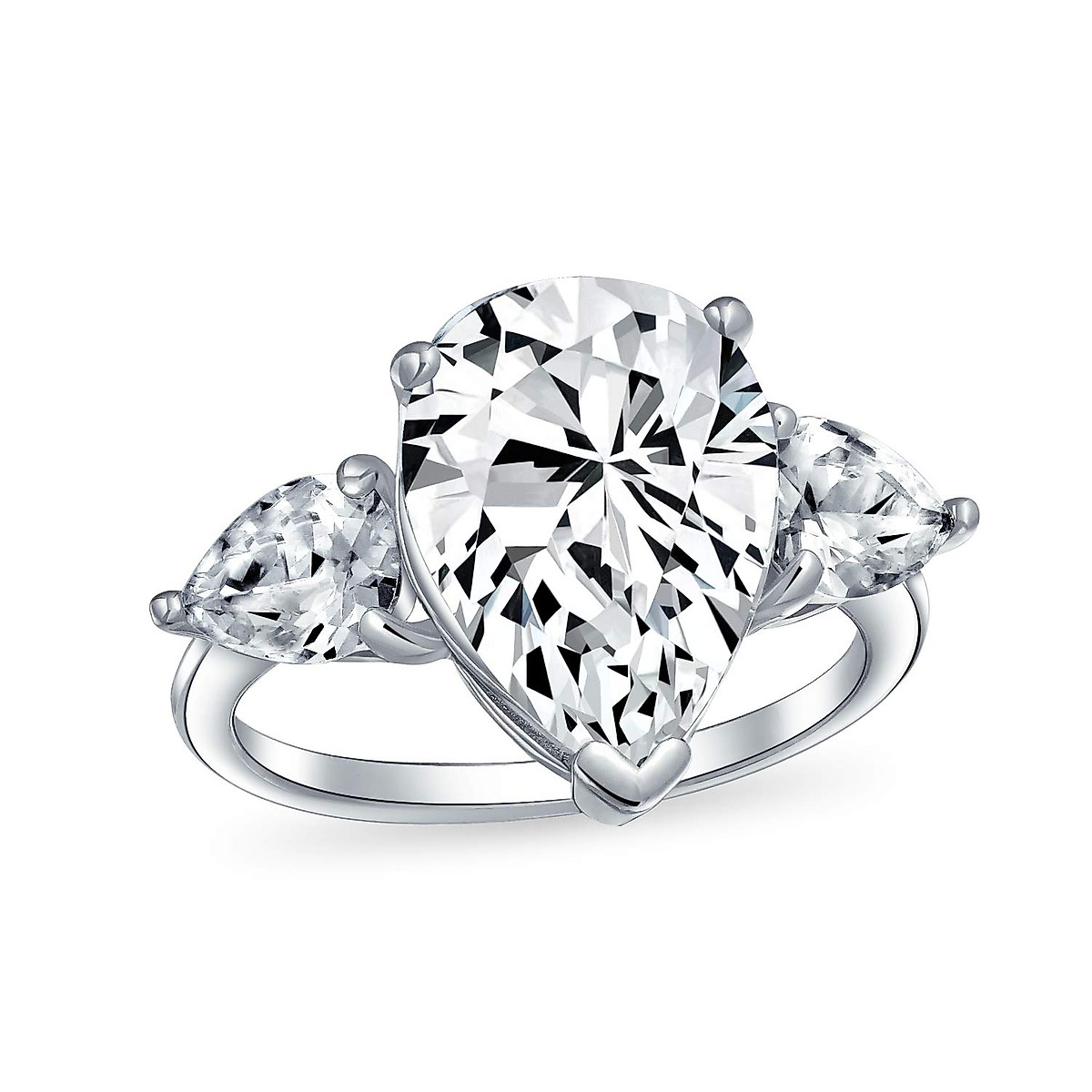 Bling Jewelry Bridal Wedding 7CT AAA CZ Pear Shaped Brilliant Cut Solitaire Teardrop Statement Engagement Ring For Women Thin Band .925 Sterling Silver Cubic Zirconia Trillion Side Stones