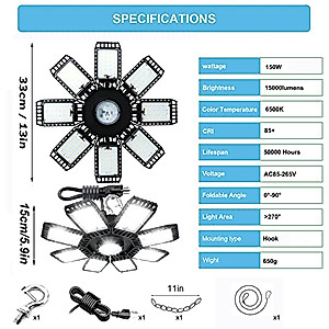 CODAFUL 150W LED Garage Light, Deformable High Bay Shop Lightswith Adjustable 8 Panels,150W 15000LM Bright 6500K for Commercial Warehouse Residential, Barn, Factory, Workshop(Black, 2PACK)