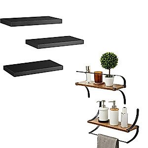 AMADA HOMEFURNISHING Floating Shelves Wall Mounted, AMFS07 Black with Invisible Brackets & AMFS20N Rustic Brown with Towel Bar