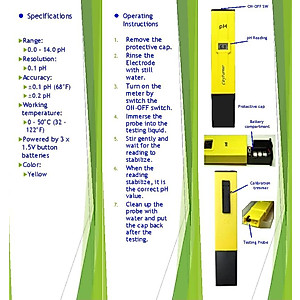 CityFarmer PH Pen, Digital pH Meter, PH Meter for Water Hydroponics, with 2 Pack of Calibration Solution Mixture Included