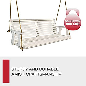 Amish Casual Heavy Duty 800 Lb Roll Back Treated Porch Swing with Hanging Ropes (5 Foot, Semi-Solid White Stain)