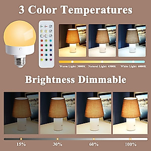 Rechargeable Battery Operated Powered Light Bulbs with Remote Control 2 Pack,Wireless Detachable Magnetic USB Charging LED Bulb, 380 LM Dimmable, 3 Colors, Timer,12 Colors Selectable Puck Lights Bulb
